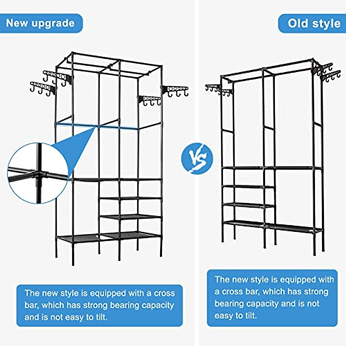 Sasoiky Garment Rack,Shoe Clothing Organizer Shelves,Freestanding Multifunctional Clothes Wardrobe- Closet with Hooks (Black)