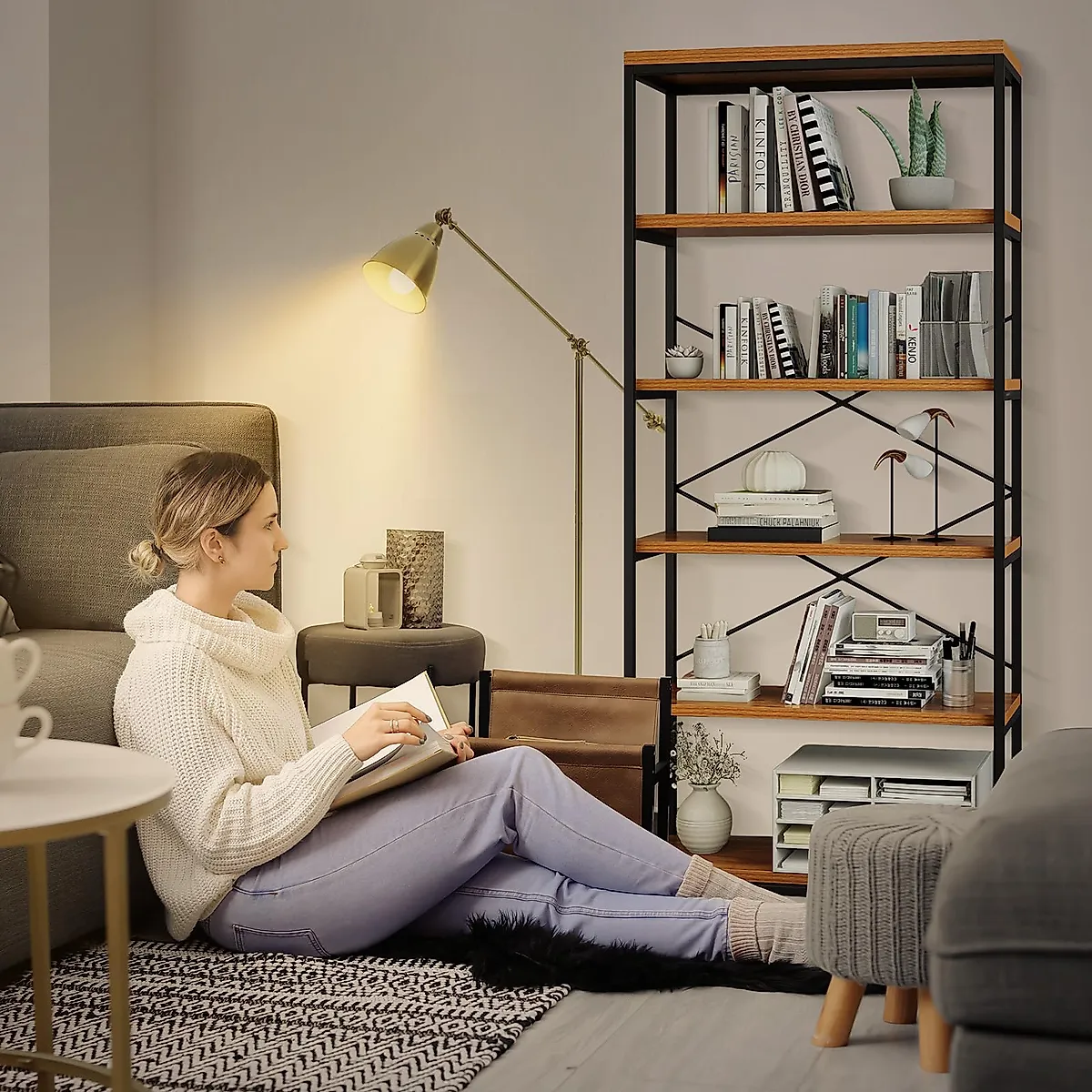 BATHWA Bookshelf, 6-Tier Industrial Bookshelves, Wood and Metal Bookcase, Free Standing Storage Vintage Bookshelf for Living Room, Bedroom and Home Office, Rustic Brown