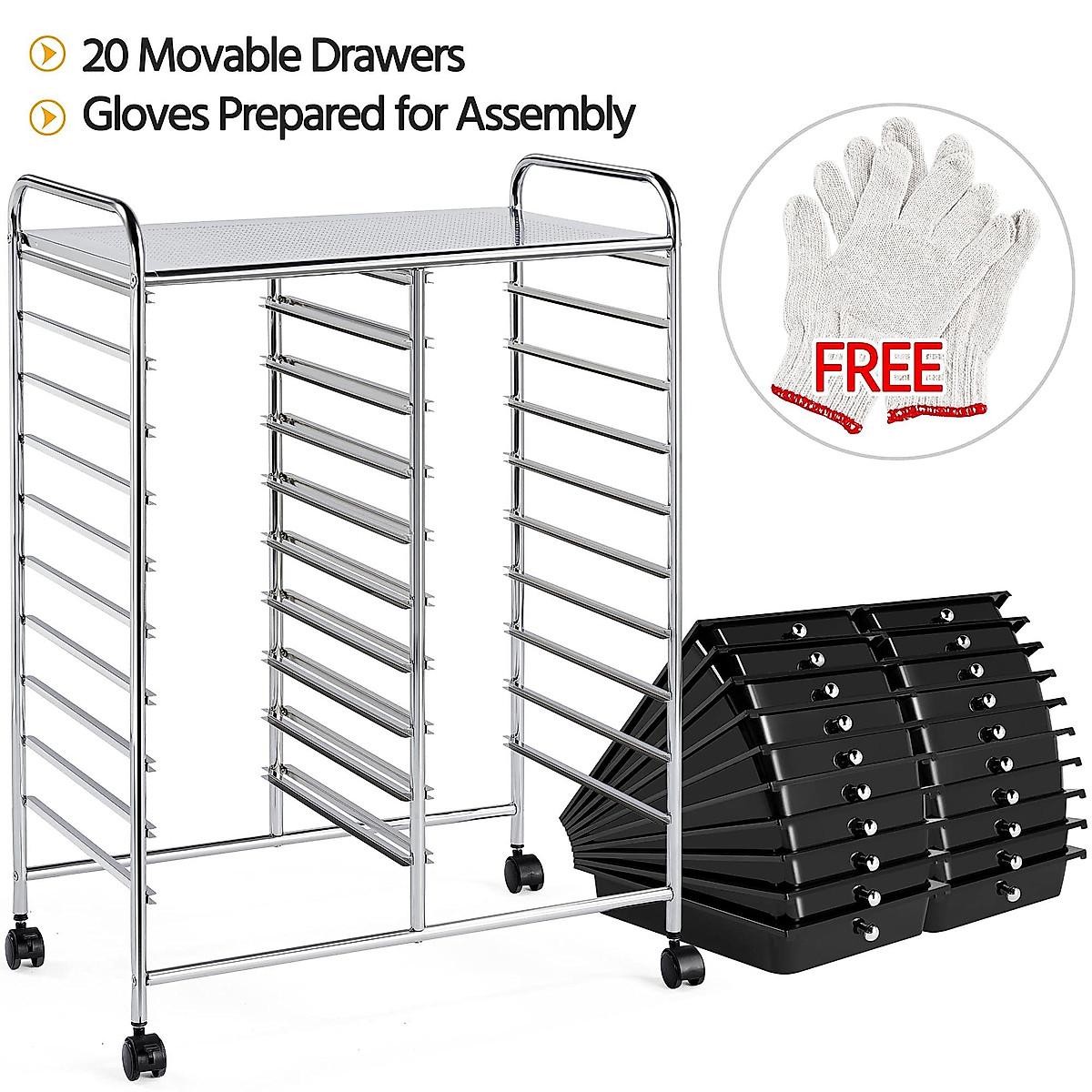 Topeakmart Utility Cart with 20 Drawers Rolling Cart Organizer Plastic Storage Drawers Craft Trolley 360 Degree Castor Wheels, Black