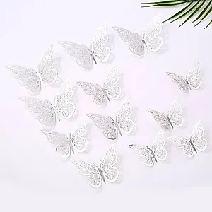 3D Butterfly Wall Decor 48 Pcs 3 Sizes,Silver Butterfly Decorations for Birthday Decorations Party Decorations Cake Decorations, Removable Wall Stickers Room Decor for Kids Nursery Wedding Decor Decal