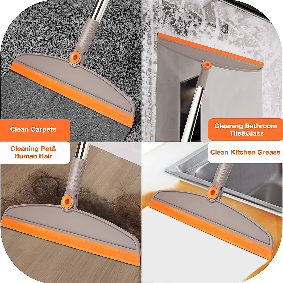 XXFLOWER Silicone Air Broom,Multifunction Magic Broom with Long Handle，Adjustable Rubber Squeeze Broom Sweeping Water,Pet Hair Remover for Carpet,Kitchen,Concrete Floor,Bathroom Tile(Grey Orange)