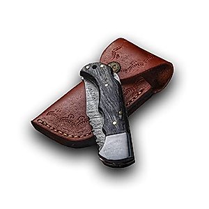 KIMPE 6.5" Damascus Pocket Knife with Holster-Folding Knife-EDC Knife-Best Camping Knife & Survival Knife-Pocket Knives for men & Self Defense Knife for Women (Pakka Grey Wood)