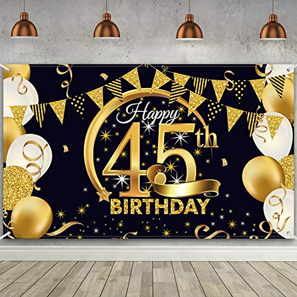 Birthday Party Decoration Extra Large Fabric Black Gold Sign Poster for Anniversary Photo Booth Backdrop Background Banner, Birthday Party Supplies, 72.8 x 43.3 Inch (45th)