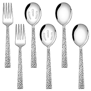 E-far Hammered Serving Utensils Set of 6, Stainless Steel 8.7 Inch Square Hostess Serving Set, Metal Serving Spoon Slotted Spoons Forks for Party Buffet Catering, Mirror Finished & Dishwasher Safe