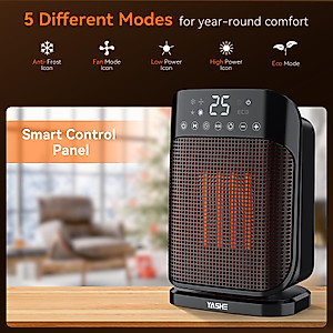 YASHE Space Heater, 1500W Portable Electric Heater for Indoor Use with Thermostat, 75° Oscillation, Digital Display, Remote Control, 24H Timer, ECO Mode, Fast Ceramic Heating for Home, Office, Bedroom