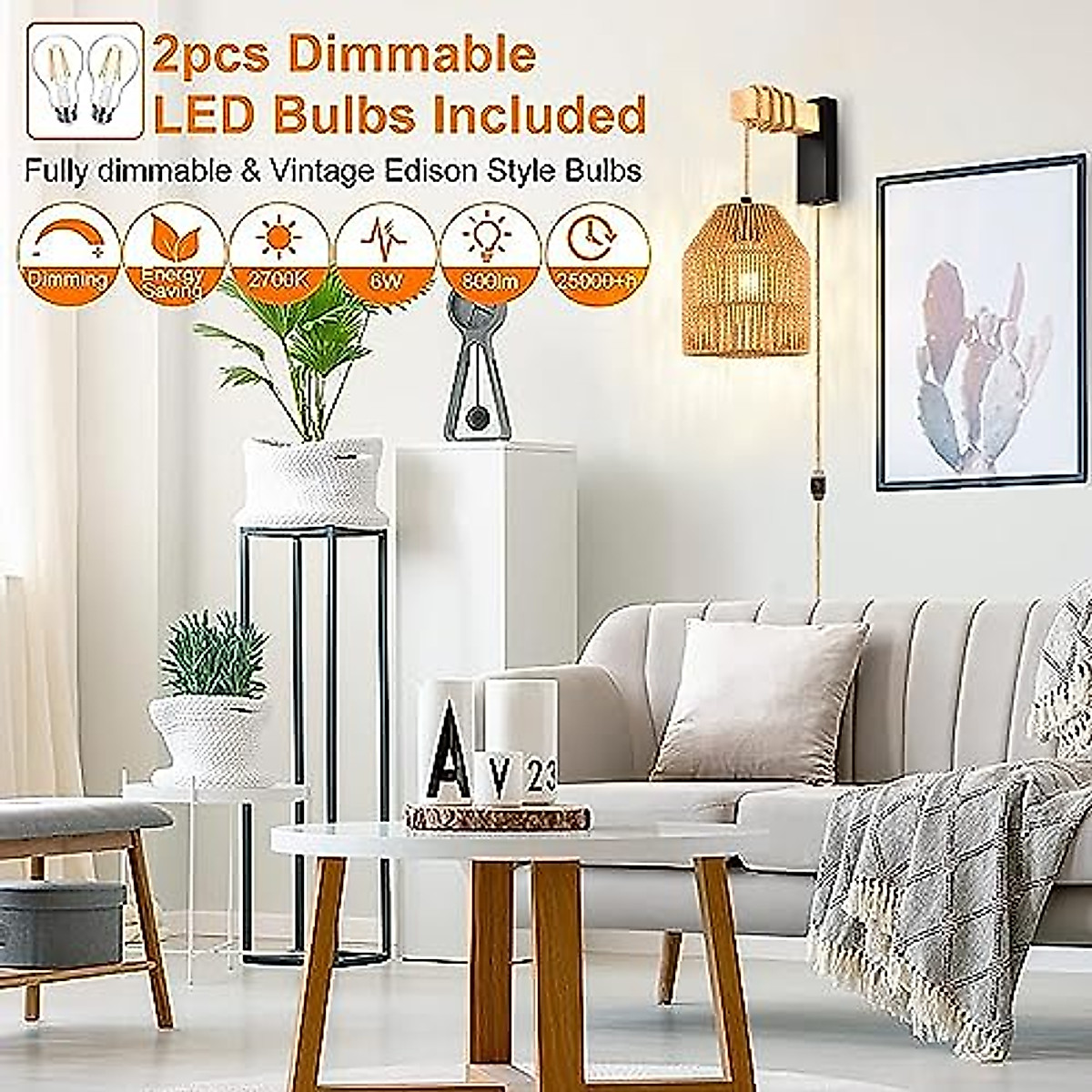 ZECOXOL Rattan Wall Sconce Boho Decor Plug in Set of Two Wicker Lamp with Cord Dimmable Woven Hanging Lamps That Into Outlet Rustic Light for Bedroom Living Room Black 001