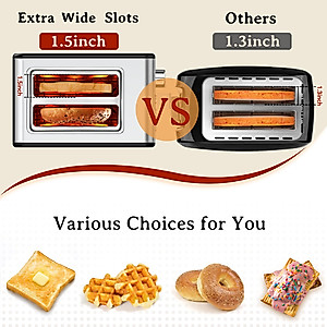 YIOU Toaster 2 Slice Stainless Steel 2 Slice Toaster 1.5 Inch Extra Wide Slots 6 Browning Setting Toaster Bagel Toaster Reheat Defrost Cancel Function Removable Crumb Tray Easy Cleaning T2S-Black