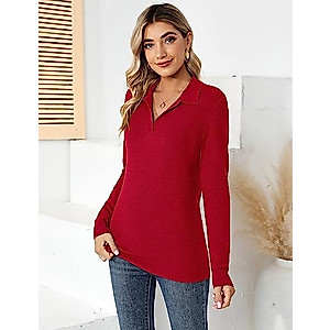Romanstii Collared Sweaters for Women Knitted Long Sleeve V Neck Fitted Polo Shirts Trendy Winter Pullover Tops,Red,M