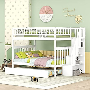 CITYLIGHT Full Over Full Bunk Bed for Adults Kids Teens, Full Over Full Bunk Beds with Trundle,Detachable Wood Full Bunk Bed with Staircase and Bookcase,White