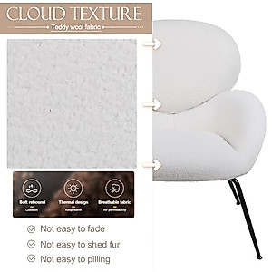 Aimerive Accent Chair, Living Room Teddy Chair Fabric, Modern Upholstered Sherpa Chair with Black Metal Legs, Accent Armchair with Backrest,Comfy Reading Chair for Bedroom,Relaxing,White
