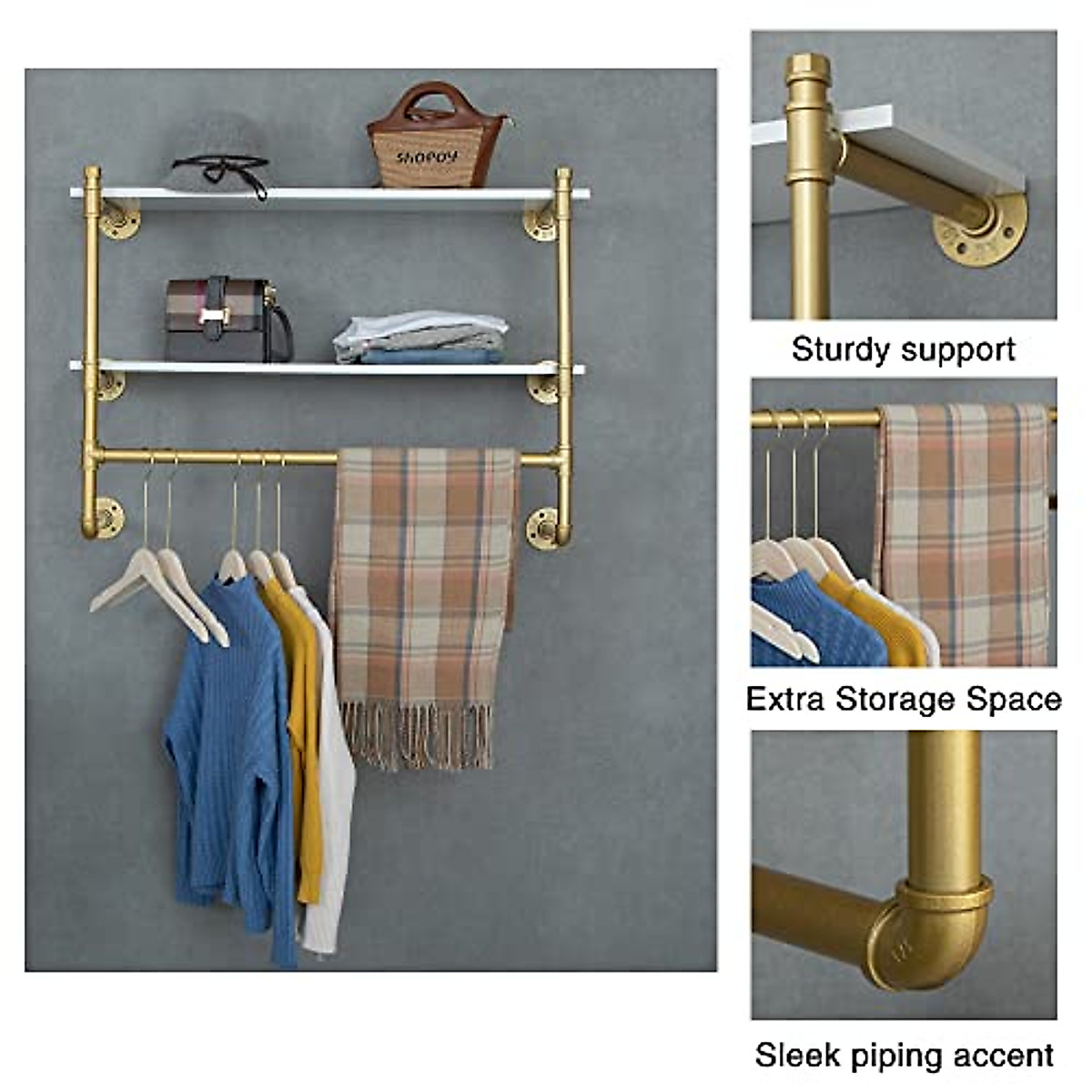 MAIKAILUN Clothes Rack with Shelf, 36in Industrial Pipe Wall Mounted Garment Rack, Space-Saving Display Hanging Pipe Clothes Rack, Heavy Duty Detachable Multi-Purpose Hanging Rod for Closet Storage
