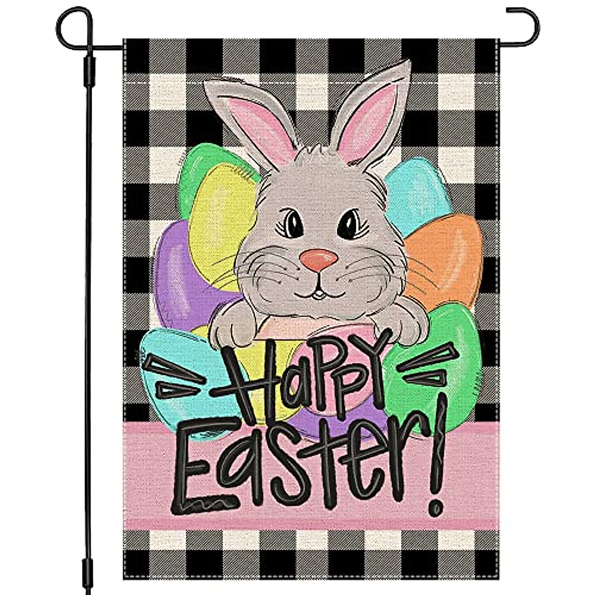 PANDICORN Happy Easter Garden Flag 12x18 Inch Double Sided, Black Buffalo Plaid Check Spring Easter Bunny Eggs Decorations, Small Vertical Welcome Holiday Decor for Outdoor Yard Garden