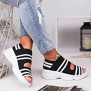 Bravetoshop Women's Walking Sandals Woven Open Toe Platform Wedge Sandals for Women Sport Athletic Outdoor Sandals (Black,6 US)