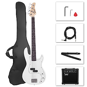GLARRY Full Size Electric Bass Guitar with 20W AMP, 4 String Beginner Starter Kit with Accessories including Cable, Strap, Bag for Kids and Adults (White)