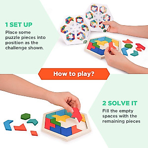 Wooden Hexagon Tangram Puzzle for Kids Adults, Geometric Shape Pattern Blocks, 3D Logic IQ Game, 60 Brain Teaser Challenges, STEM Montessori Educational Toy, Travel Games for Road Trip