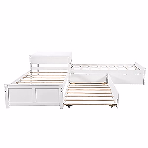 P PURLOVE L Shaped Twin Platform Bed with 2 Drawers, Wooden Platform Bed Frame with Trundle, Platform Bed with Built-in Square Table, Easy Assembly, No Box Spring Required, White