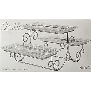 Godinger Silver Art Dublin 3 Tiered Glass Buffet Serving Tray - Chrome Plated Platter Stand with Starburst Design - Party and Event Dessert and Food Display Server