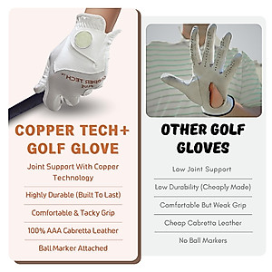 Copper Tech Women's Golf Gloves - Various Stylish Colors for Lady Golfers - 100% AAA Cabretta Leather - Optimal Wrist Support with Copper Infused Thread - Golf Glove Women Right Handed Golfer