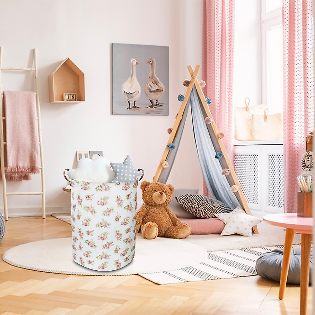 NTAOHAMPER Pink Flower Laundry Hamper,kids laundry Basket,Girls Nursery Hamper,Waterproof Storage Bin for Bedroom,Clothes Organizer Basket,Toys Box,Room Decor(Pink Flower)