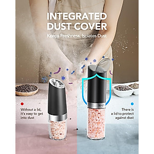 Sangcon Gravity Electric Salt and Pepper Grinder Set, Battery Salt and Pepper Mill Set with Dust Cover, 8 Oz Large Capacity Automatic Pepper Shaker with Light，Adjustable Coarseness, 2 Pack (Black)