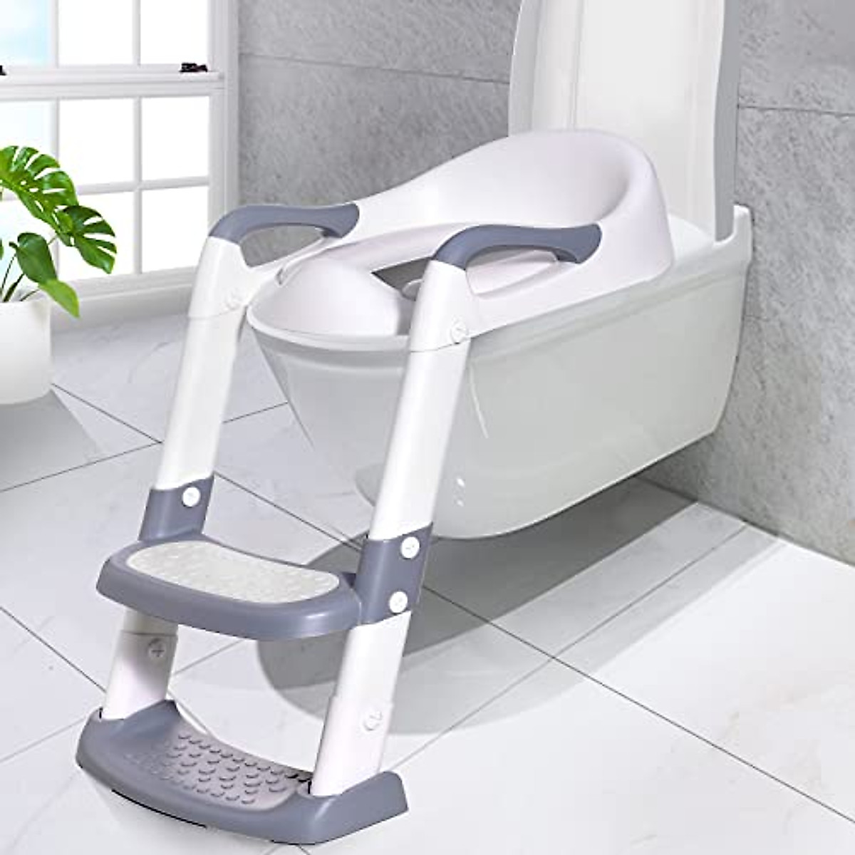 Potty Training Seat with Step Stool Ladder, Gentle Monster Toddler Potty Training Toilet for Kids Boys Girls Baby, Foldable & Comfortable Training Potty Chair Toilet for Child with Anti-Slip Pad(Grey)