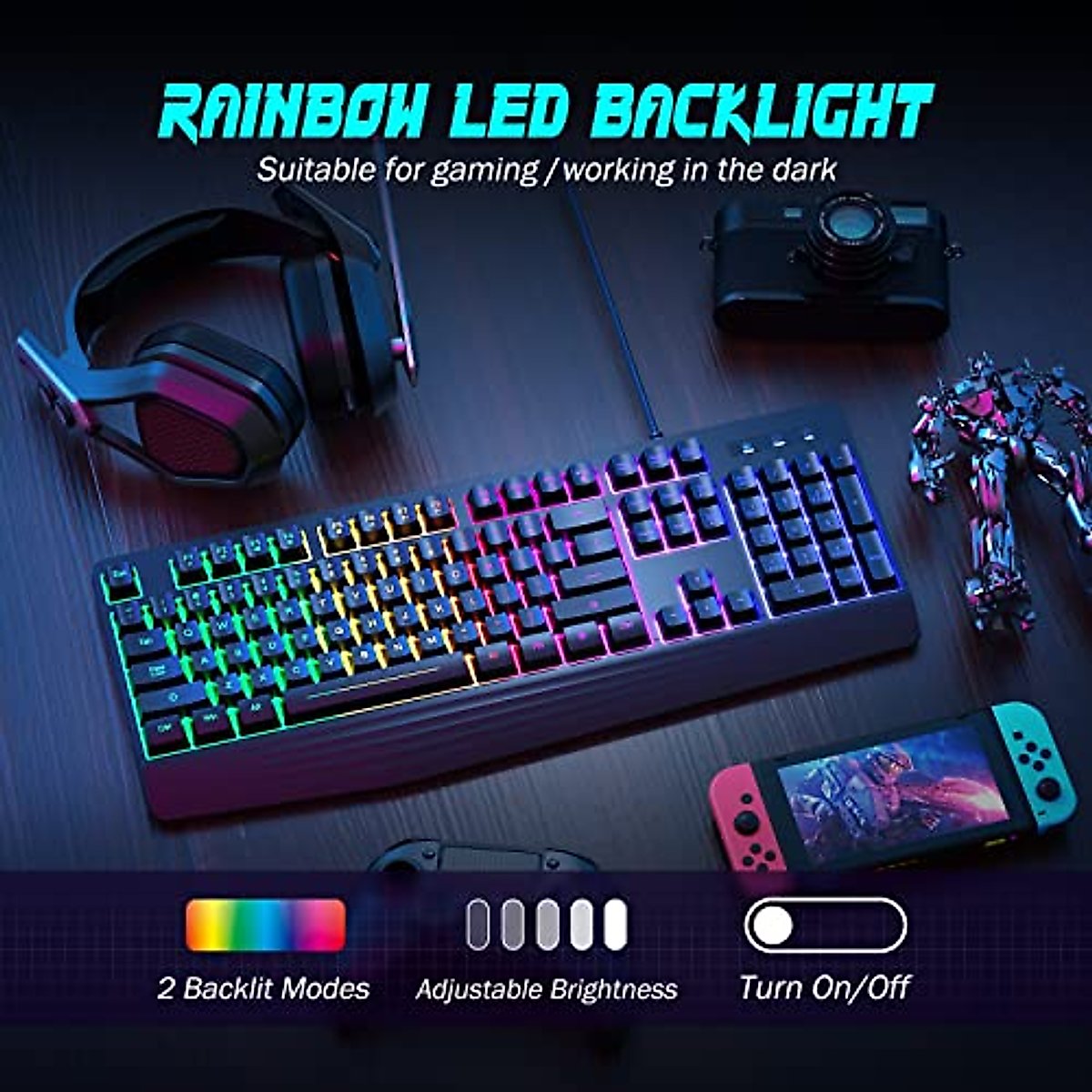 yesbeaut Gaming Keyboard, 7-Color Rainbow LED Backlit, 104 Keys Quiet Light Up Keyboard, Wrist Rest, Whisper Silent, Anti-ghosting Multimedia Keys, Waterproof USB Wired Keyboard for PC Mac Xbox
