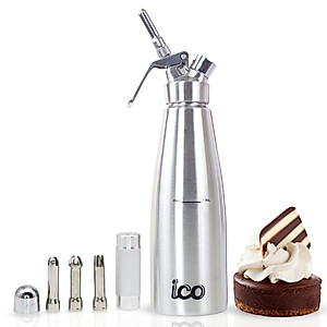 ICO 1 Liter (1 Quart) Professional Stainless Steel Whipped Cream Dispenser for Homemade Whipping Cream, Whipped Cream Maker for Desserts, Dips, Sauces, and Infused Liquors