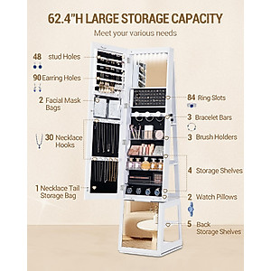 Hzuaneri 16 LEDs Jewelry Cabinet Armoire, 63" H Standing Jewelry Organizer with 360° Rotating Base, Lockable Full-length Mirror, 4-tier Storage Shelves, 4-in-1 design, White JC16003B