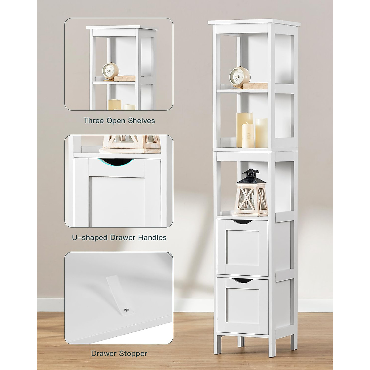 usikey 55.9" H Bathroom Storage Cabinet, Slim Tall Cabinet, Narrow Storage Cabinet with 2 Drawers & 3 Open Shelves, for Bathroom, Living Room, White