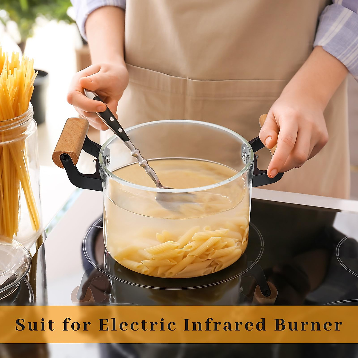 3.5 Qt Clear Glass Pot for Cooking on Stove, Big Glass Cooking Pot with Wooden Handle, Large Glass Simmer Pot for Stove Potpourri, Glass Frying Pot with Clear Lid for Boiling Pot by Nidhdsda