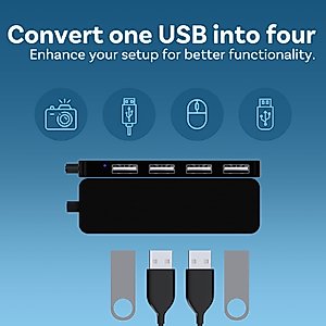 MMOBIEL 4-Port USB Data Hub Compatible with MacBook, iMac, Laptop, Windows, Linux and More - USB Splitter Computer - Ultra Slim USB 2.0 Data Hub - Portable USB Adapter - Black