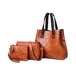 GJGJTER Synthetic PU Leather Tote for Women Simple One-shoulder Portable Messenger Crossbody Hobo Bags 3-piece Set-Brown