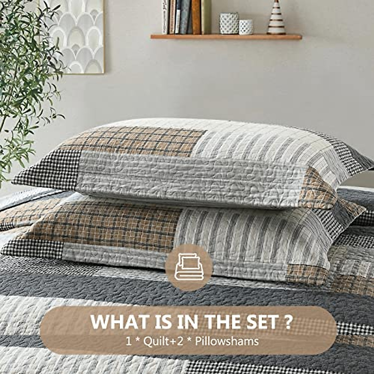 Quilts Queen Size, Queen Quilt Bedding Set Bedspread, 100% Cotton Patchwork Quilt for Queen Bed, 3 Pieces Plaid Farmhouse Reversible Lightweight Comforter Bed Spread for All Season, Grey/Tan/Black