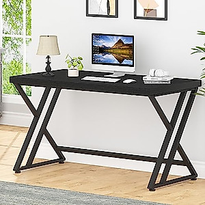 LVB Black Computer Desk, Modern Gaming PC Writing Desk for Home Office, Metal Computer Study Work Table for Bedroom, Industrial Executive Student Simple Workstation Desk with Storage, 55 In, Black Oak