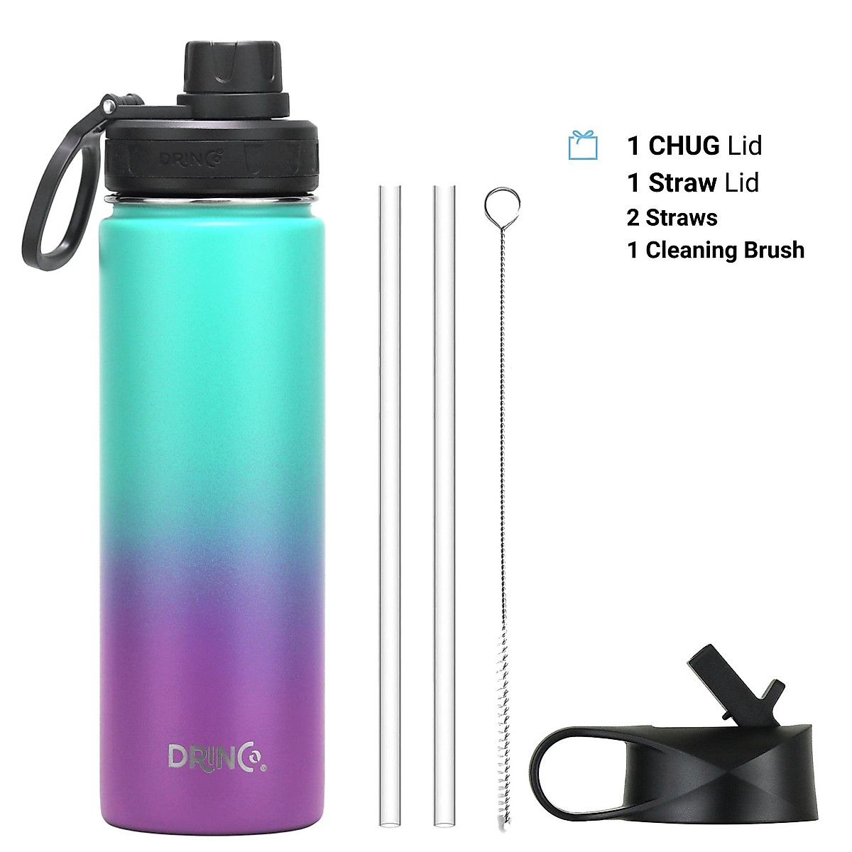 DRINCO Stainless Steel Water Bottle Spout Lid Vacuum Insulated Double Wall Water Bottle Wide Mouth (40oz 32oz 22oz 18oz 14oz) Leak Proof Keeps Cold or Hot (22 oz, 22oz Ombre Fuschia Teal)