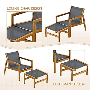 Devoko Patio Furniture Set 4 Piece Outdoor Conversation Set Acacia Wood and Textile Chairs with Footstool for Patio, Lawn, Garden, Poolside