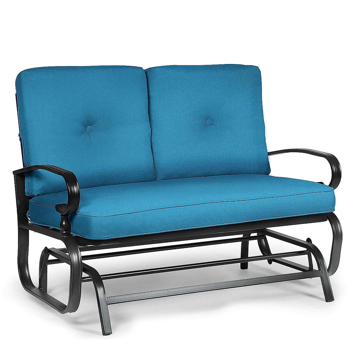 Patiomore Outdoor Bench Patio Swing Glider Loveseat 2 Seats Rocking Chair, Wrought Iron Chair Set with Blue Cushion