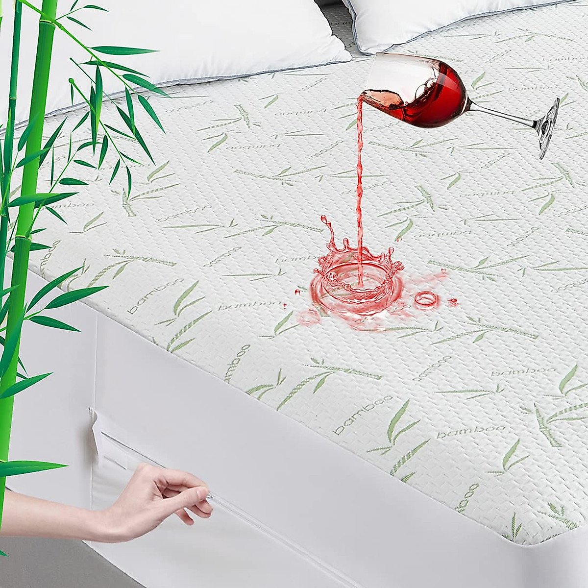 Parkdeny King Mattress Encasement, Waterproof Cooling Rayon from Bamboo, 3D Air Fabric, Breathable, Noiseless, Washable, Fits 5"-15" Deep Mattresses