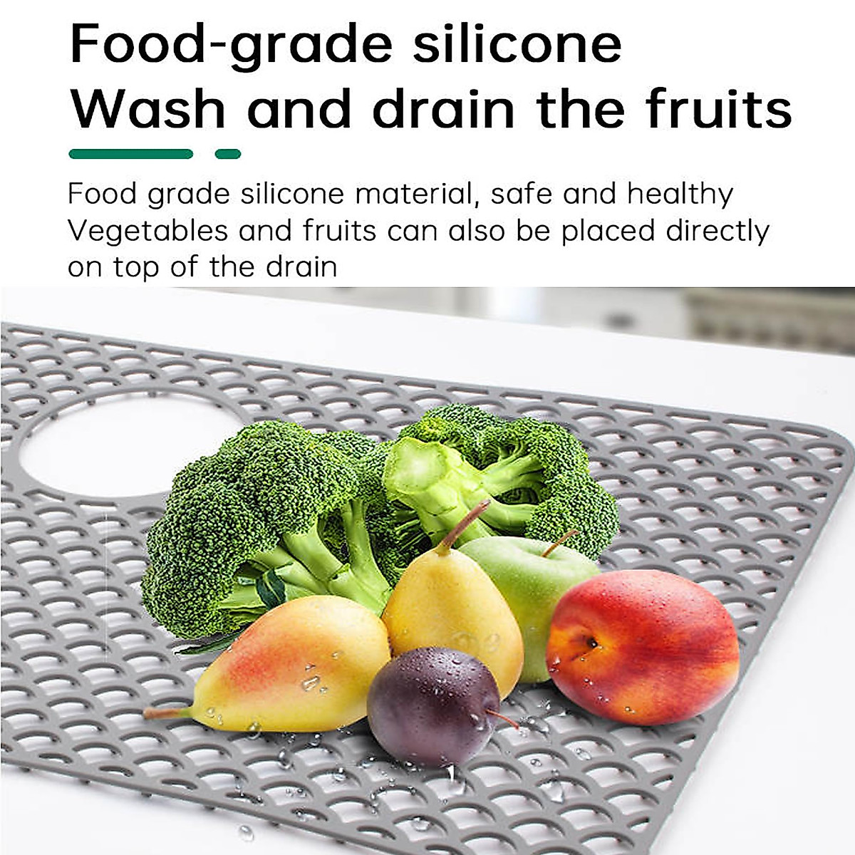 VOLTGY - Silicone Sink Protector with Top Drain Hole, 28" x 15", includes Silicone Cleaning Brush/Silicone Sink Mat