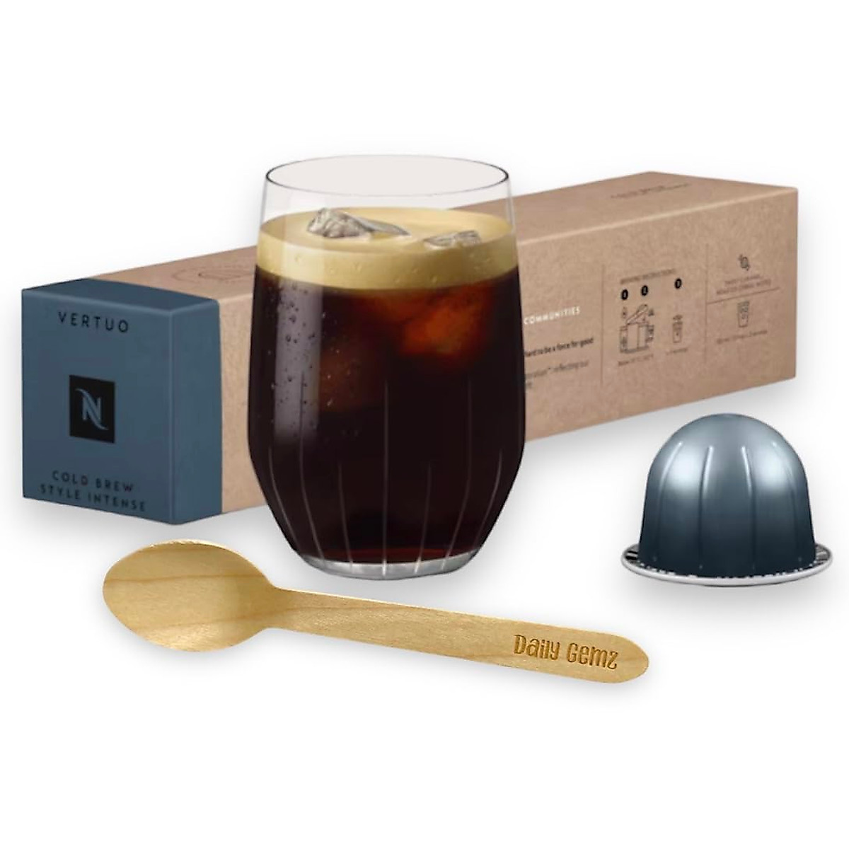Daily Gemz - Nespresso Cold Brew Pods, Intense - 1 Pack of 7 XL Nespresso Iced Coffee Pods, Exclusively for Vertuo Creatista, Next & Pop Machines - Bundled with Daily Gemz Coffee Spoon