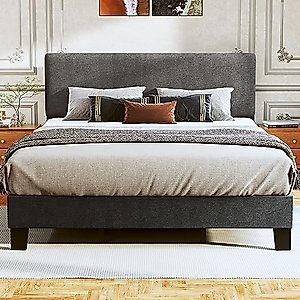 Fluest King Bed Frame Upholstered Bed Frame Platform with Adjustable Headboard Linen Fabric Headboard Wooden Slats Support/No Box Spring Needed/Easy Assembly/Mattress Foundation, Grey