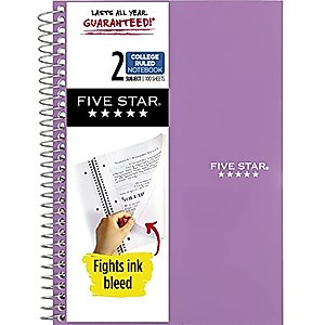 Five Star Small Spiral Notebook, 2-Subject, College Ruled Paper, 9-1/2" x 6", 100 Sheets, Amethyst Purple (840004CF1)