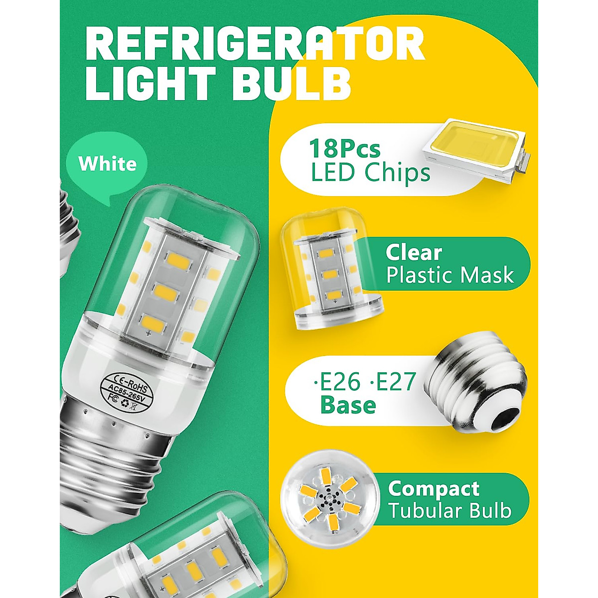 BOGDA Refrigerator LED Light Bulb KEI D34L Refrigerator Bulb Light Replacement Fit for Frigi-daire Ken-More-2 Packs (3.5W 85V-265V E27 2700K Warm Light)