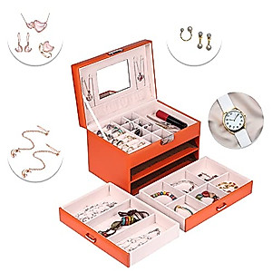 Jewelry Box with 3 Layers PU Leather Lockable Jewelry Storage Organizer with Velvet Lining Portable Leather Jewelry Box for Storing Watch, Earring, Ring, Chain, Bracelet