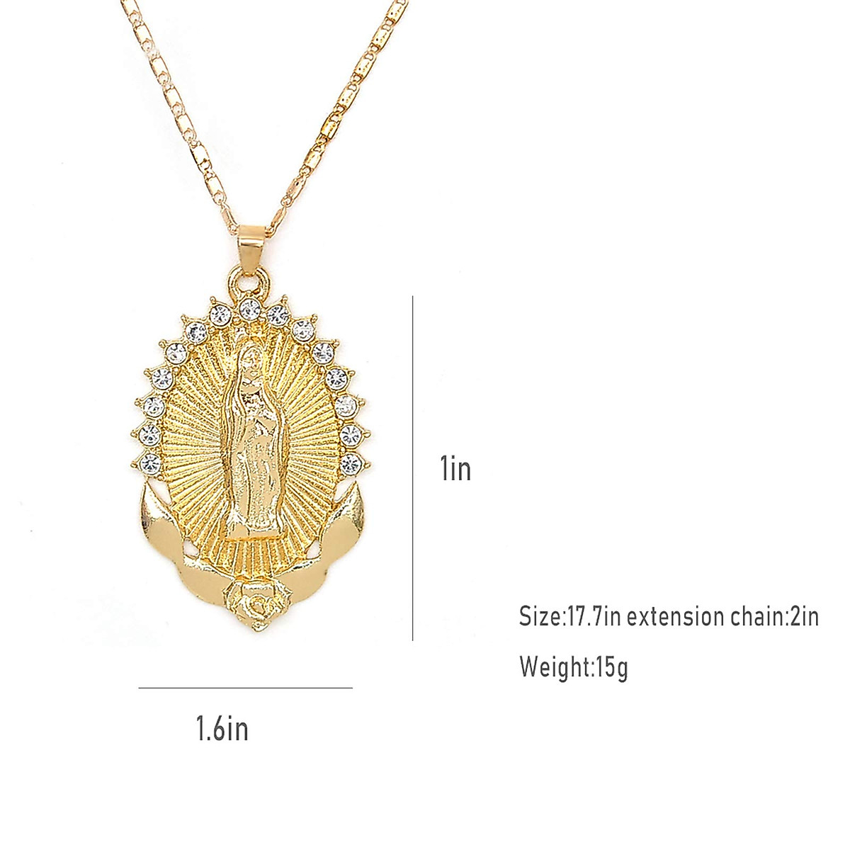 SIPELATY 18K Gold Plated Virgin Mary Pendant Necklace Crystal Rhinestone Encircled Miraculous Medal Pendant Necklace For Women