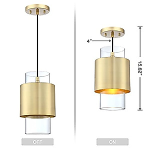 1 Light Hanging Indoor Kitchen Island Pendant Light 6" Drum Glass Shade Pendant Ceiling Light Fixtures Modern Farmhouse Dinning Over Sink (Gold Finish, 2 Pack)