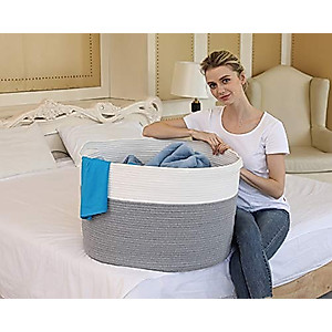 24" x 24" x 17" Max Size Large Cotton Rope Basket, Extra Large Storage Basket, Woven Laundry Hamper, Toy Storage Bin, for Blankets Clothes Toys Towels Pillows in Living Room, Baby Nursery, Grey