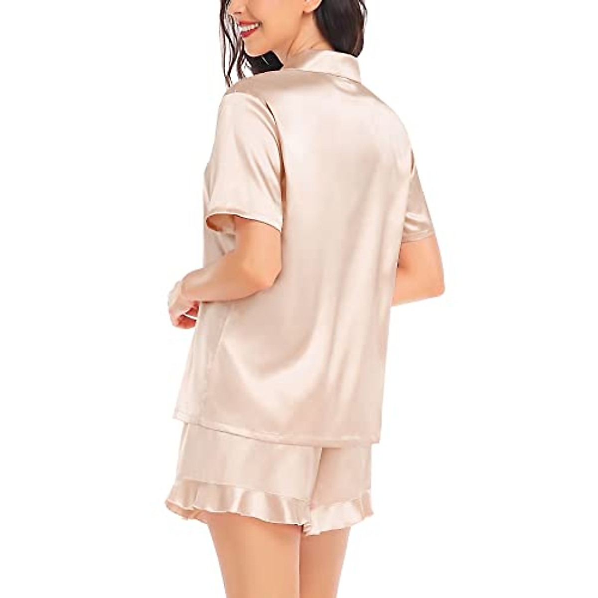 SWOMOG Satin Pajamas Women's Short Sleeve Sleepwear Ladies Silk Button Down Nightwear Pjs Shorts Set with Ruffle Hem Champagne