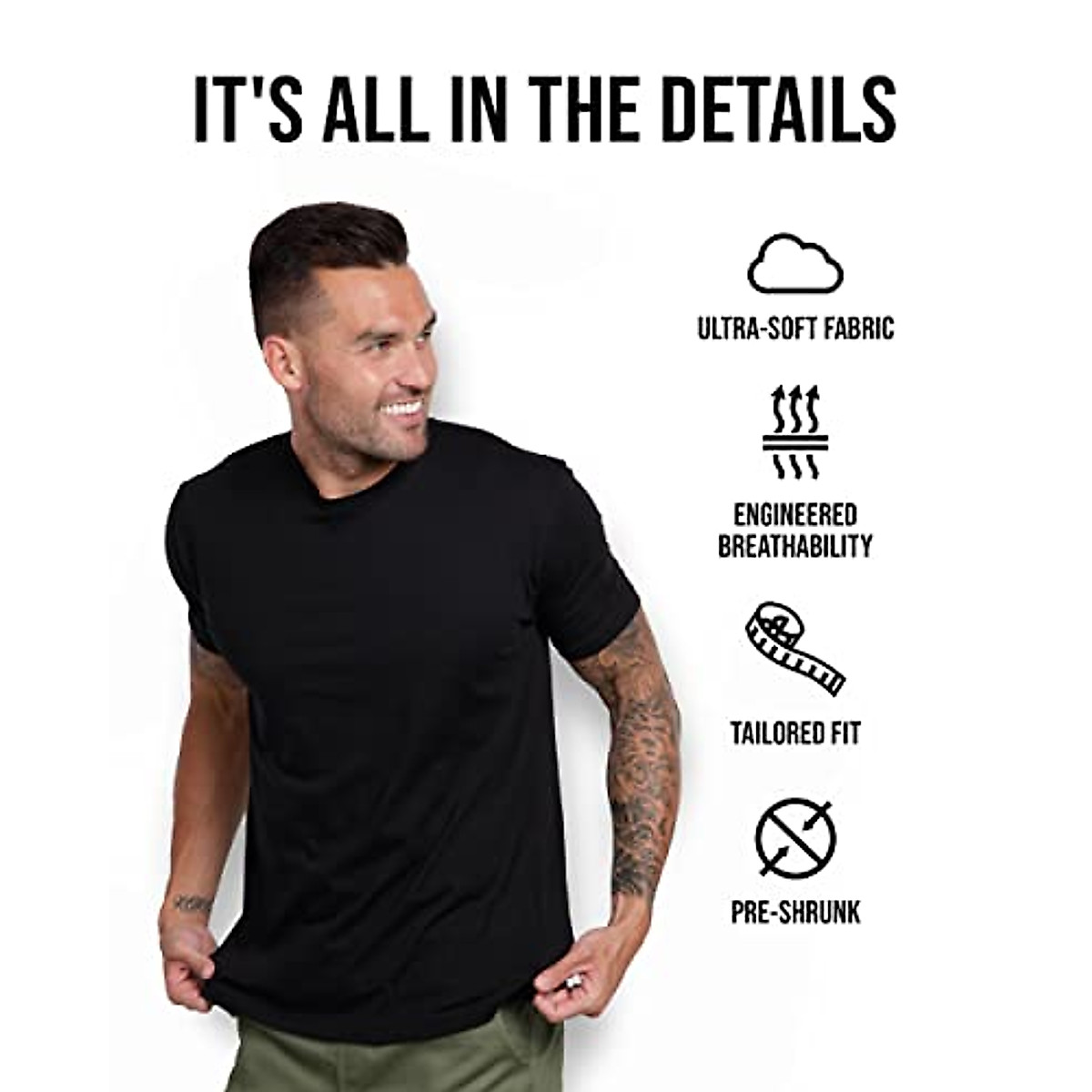 INTO THE AM Premium Mens Fitted Crew Neck Essential Tee Shirt Modern Fit Fresh Classic (Black, Large, Short Sleeve)