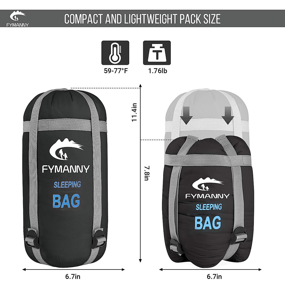 Warm Weather Sleeping Bag, FYMANNY Portable Waterproof Compact Lightweight Comfort with Compression Sack for Camping Backpacking Hiking, 83 L x 30" W Fits Adults(Black)